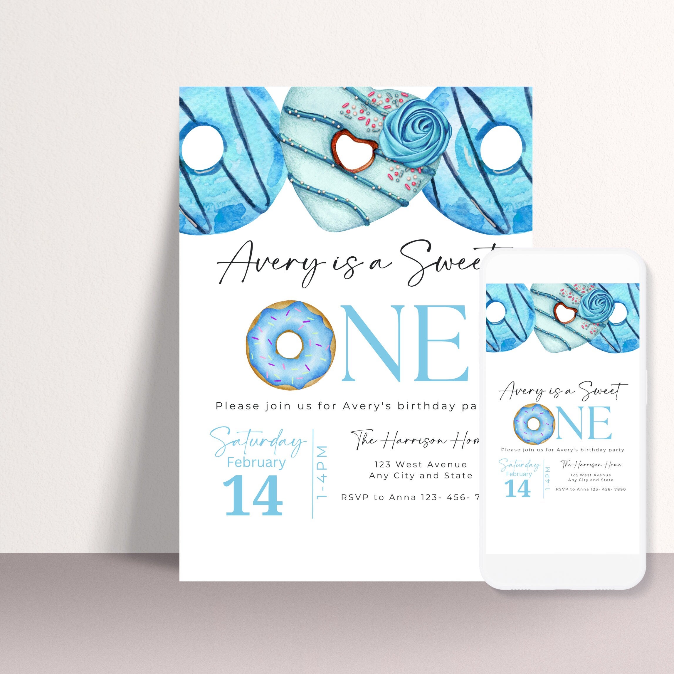 Sweet Blue Donut Birthday Invitation Template - Editable Party Invite ...